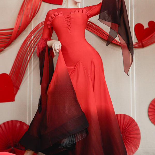 Women Patchwork Long Swing Round Neck Fishbone Ballroom Dance Dress ...