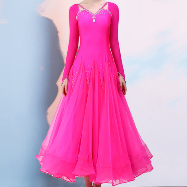 Women Mesh Long Sleeve Gradient Color Ballroom Dance Dress Professional ...