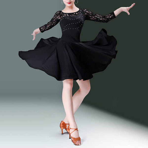 Womens A-Line Knee-Length Crew Neck Latin Dress with Lace – DANCEYM