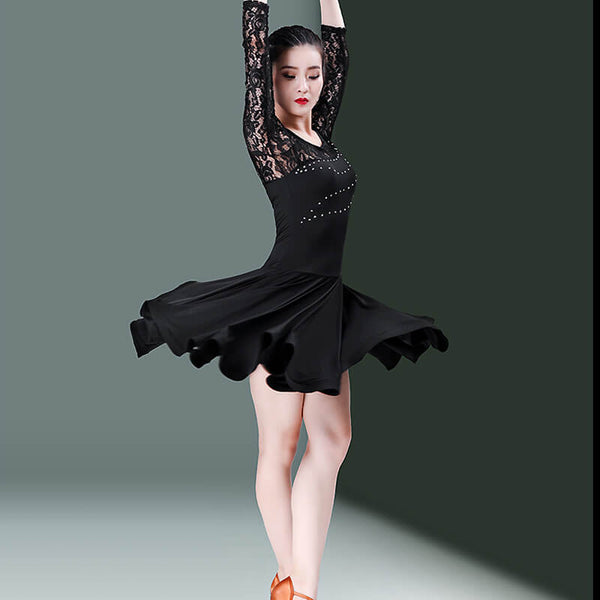 Womens A-Line Knee-Length Crew Neck Latin Dress with Lace – DANCEYM