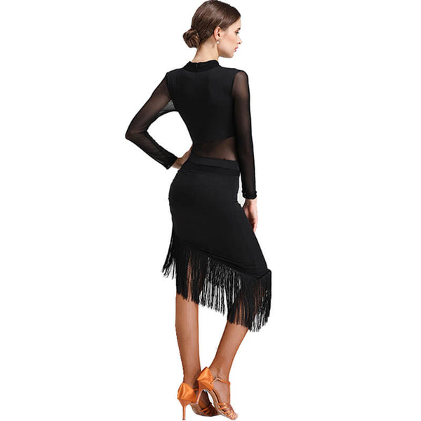 Womens Asymmetric Knee-Length High Neck Latin Dress with Tassels – DANCEYM