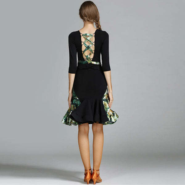 Womens Flared Short Boat Neck Half Sleeve Latin Dress with Ruffles ...