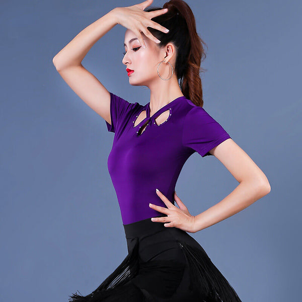 Womens V Neck Short Sleeve Latin Top with Rhinestones – DANCEYM