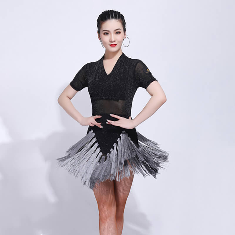 Womens Flared Knee-Length V Neck Latin Dress with Tassels – DANCEYM