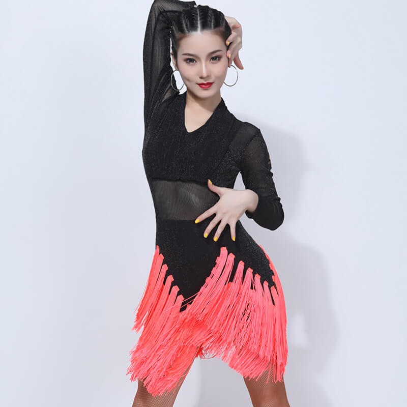 Womens Flared Knee-Length V Neck Latin Dress with Tassels – DANCEYM